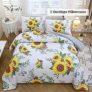 ZRNBAST 3 Pcs Sunflower Comforter Set Queen Size Butterfly Sunflower Floral on White Background, Comforter Bedding Sets Queen Size All Season Bed in A Bag with 1 Comforter 2 Pillowcases