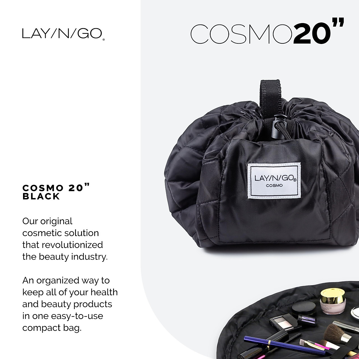 Lay-n-Go Cosmo Drawstring Cosmetic & Makeup Bag Organizer - Portable Drawstring Makeup Bag w/Zipper Pocket, Makeup Loops & More - Durable, Machine Washable Makeup Bag for Travel (20”, Black)