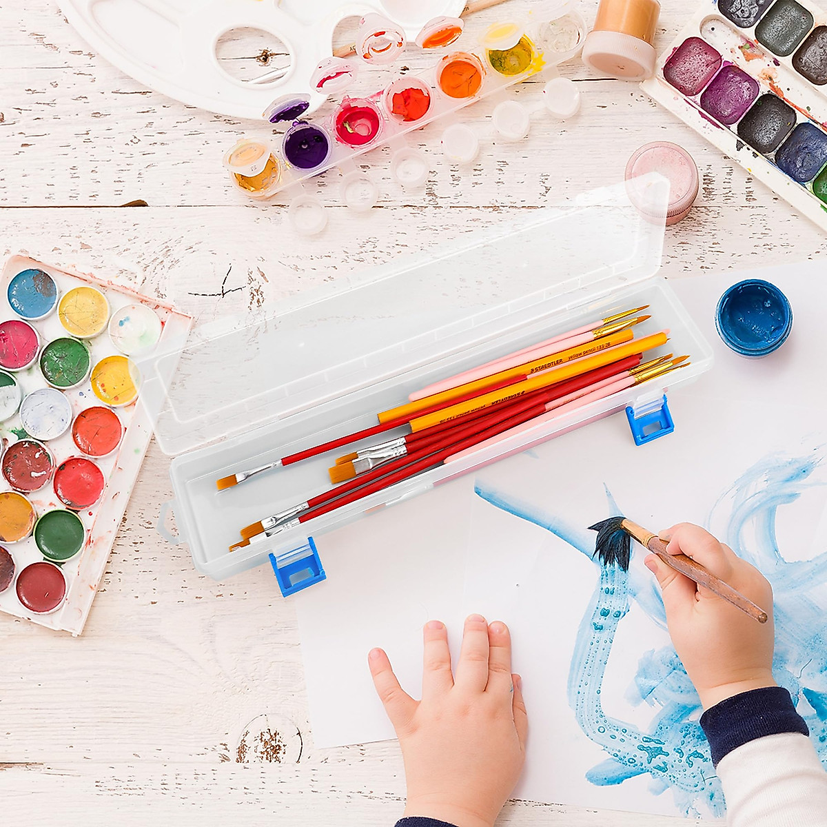 KEJJNYER 6 Pack Long Paint Brush Storage Case, 13 x 2.7 x 1.3 Inch Clear Paint Brush Holders Hinged Lid Plastic Drawing Pen Paint Brush Case Storage