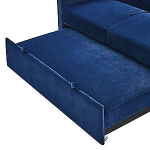 FANYE Velvet Upholstered Loveseat Sleeper w/Side Storage Pockets, 54.5" 2-Seaters Sofa with Pull-Out Couch Bed with Adjustable Cushions Backrest for Living Room Apartment Office Small Space, Blue