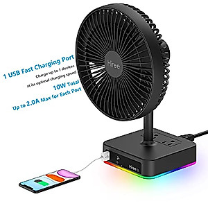 Hiree Desk Fan with USB Charging Port, 2 Speeds 6.7 Inch Small Desktop Table Fan with 2 AC Outlets and LED Lights, Strong Wind, Quiet Operation - Personal Fan for Home, Dorm Room, Office