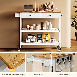 Gizoon Kitchen Island Cart on Wheels with 40'' Wood Tabletop, 2 Open Tiers Spacious Storage Shelves and Towel Rack, Rolling Utility Cart with 3 Side Hooks and 2 Drawer for Dining Room, Bar, White
