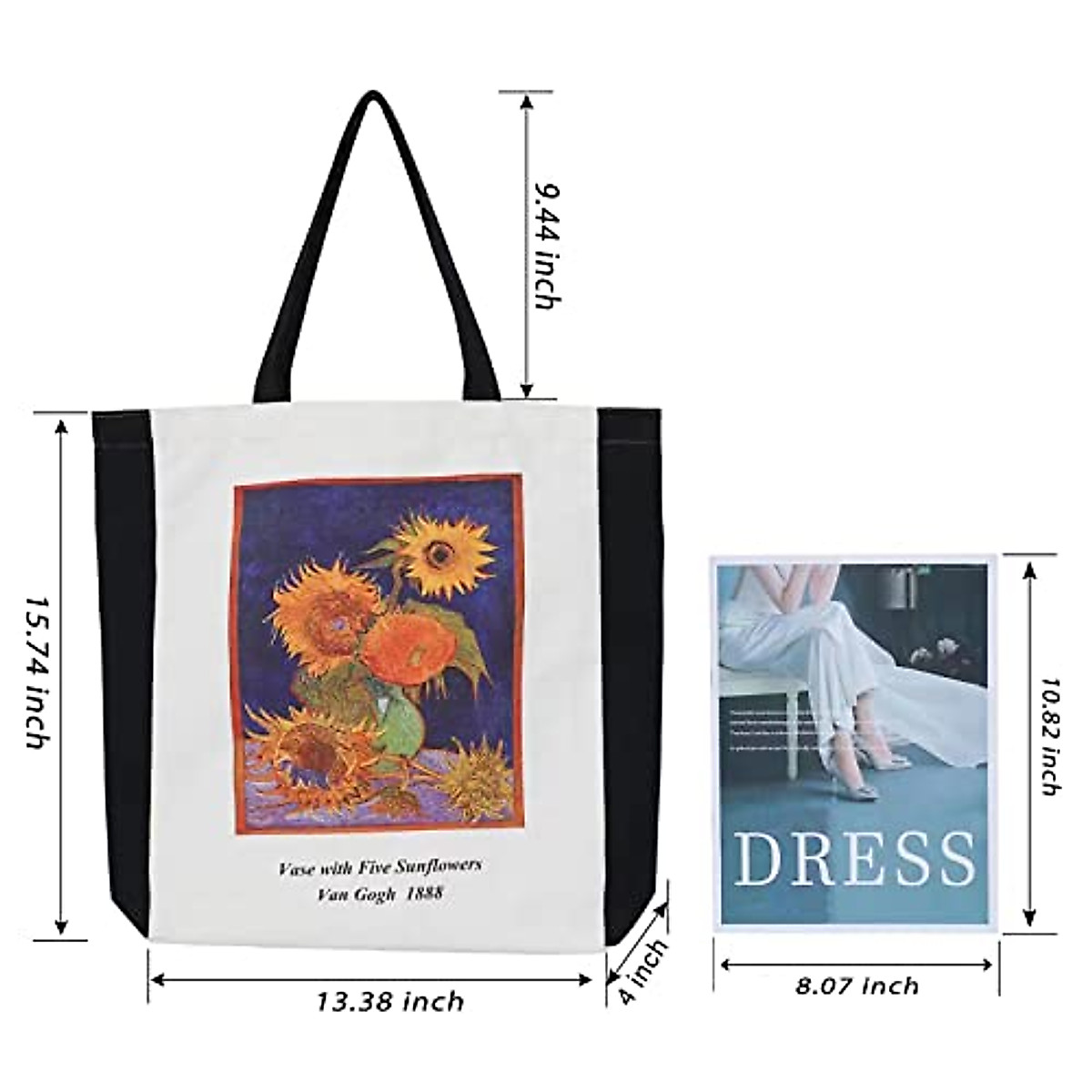 Sanmuci Canvas Tote Bag, Aesthetic Pattern Zipper Tote Bag, Reusable Oversized Plus Inside Pocket Grocery Bag, Supermarket, Beach, Van Gogh - Vase with Five Sunflowers