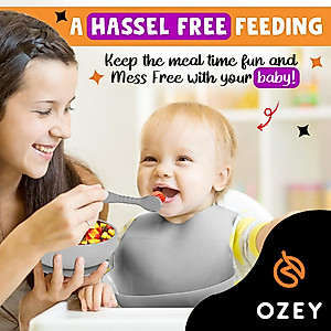 OZEY Silicone Baby Feeding Set: 100% Food Grade Baby Bib, Toddler Suction Plates and Bowls Set, Spoon, Fork, Cup, Straw-Baby Led Weaning Supplies (Grey), Small, Gray, 12232