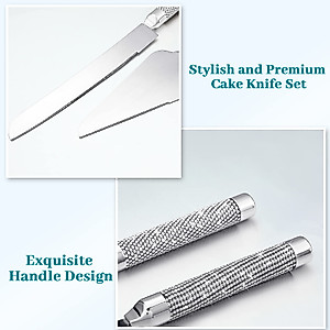 Zhehao Wedding Champagne Flutes and Cake Knife Server Set Toasting Glasses Toasting Champagne Flutes with Rhinestone Rimmed Hearts Decoration Couple Cake Cutting Set for Wedding Anniversary (Silver)