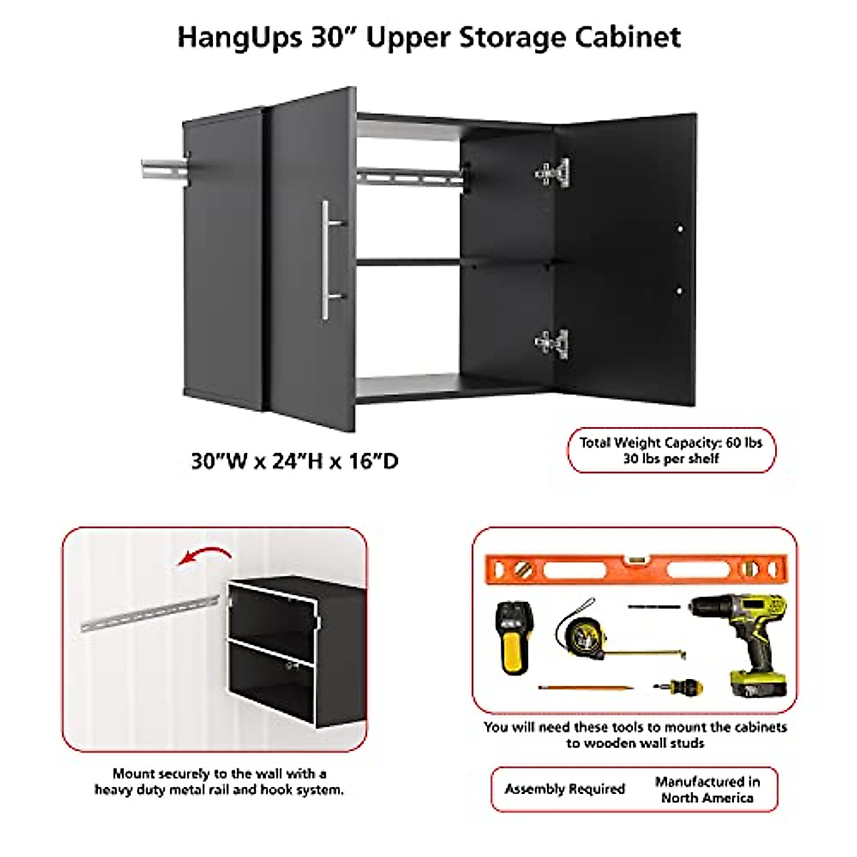 Prepac HangUps 30" Upper Garage Cabinet, Bathroom Cabinet Wall Mount, Laundry Cabinet, Kitchen Wall Cabinet, Ideal for Garage, Kitchen and Laundry Organization 30" W x 24" H x 16" D, White