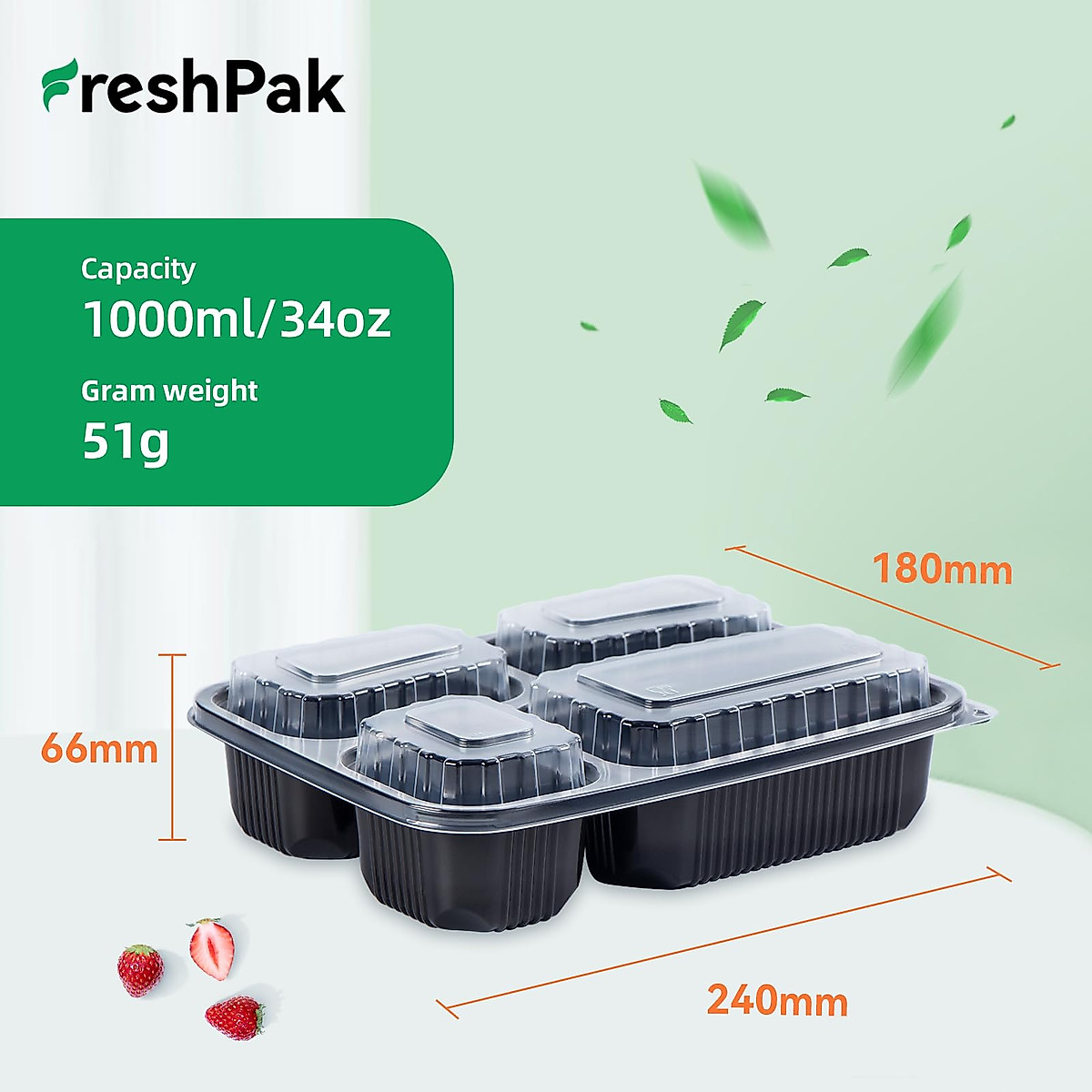 FRESHPAK Meal Prep Container, 4 Compartment 40-Pack To Go Containers with Lids Reusable BPA Free Microwave and Freezer Safe Bento Boxes Ideal for Portion Control and Food Storage(34oz)