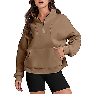 ANRABESS Womens Half Zip Sweatshirts Oversized Crop Pullover 2024 Winter Y2K Fleece Hoodie Sweater Teen Girls Fall Clothes Brown Large