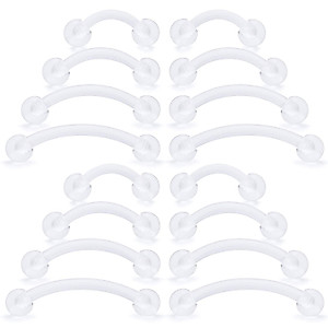Hoeudjo Clear Flexible Curved Eyebrow Ring Piercing Retainer Cartilage Tragus Barbell Bioplast Retainers for Work 16 Pieces 16G