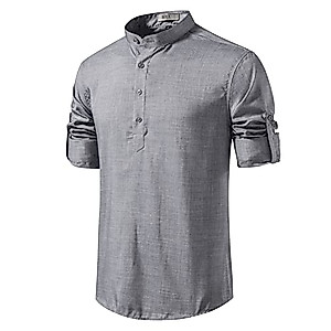 BEILU Men's Linen Henley Shirts Long Sleeve Hippie Lightweight Casual Beach T Shirt Grey X-Small