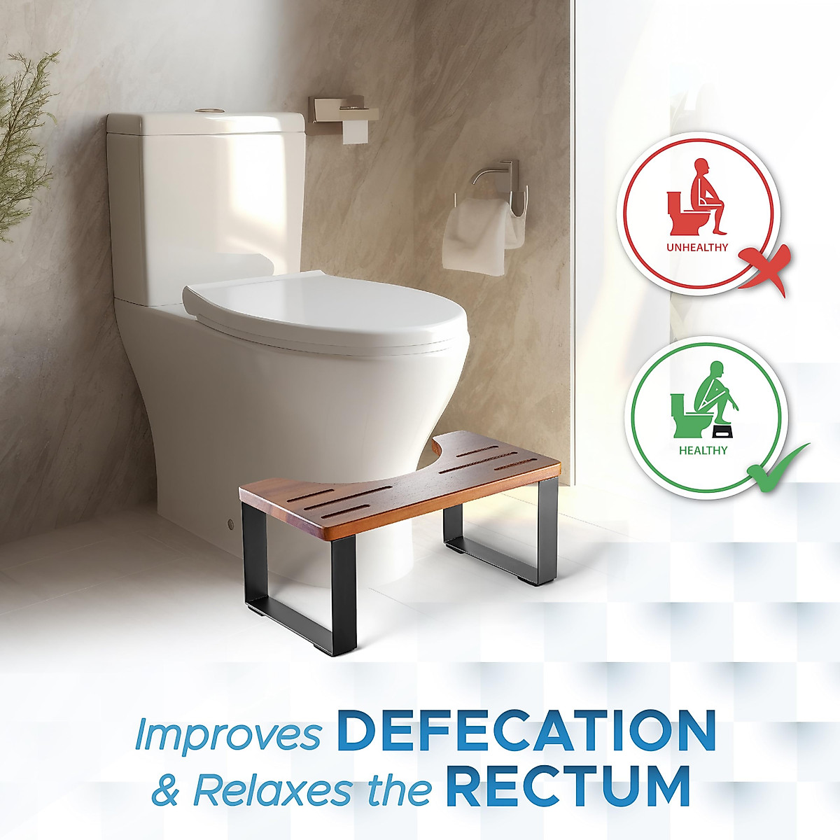 BLUEWEST Poop Stool, Acacia Wood Toilet Stool with Strong Steel Frame for Potty Training, 7 Inch Bathroom Stool, Durable/Sturdy Stool for Adults with Non-Slip