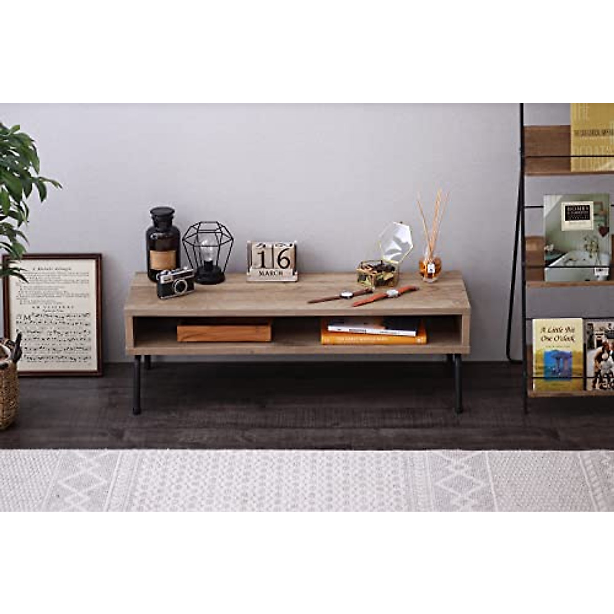 IRIS USA Low Multi-Purpose TV Stand with Black Steel Metal Frame and Legs, Coffee Table Entertainment Center Media Console for Living Room Storage and Organization, Ash Brown