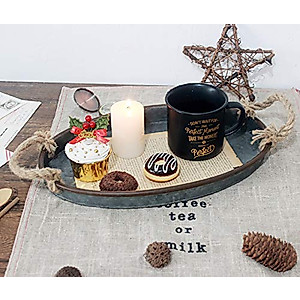 Funerom 13.9X 8.8 inch Galvanized Metal Oval Tray with Rope Handle，Farmhouse Serving Tray.