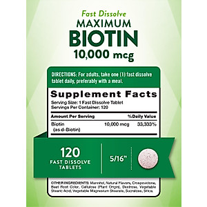 Biotin 10000mcg | 120 Fast Dissolve Tablets | Maximum Strength | Hair Skin and Nails Supplement | Natural Berry Flavor | Vegetarian, Non-GMO, Gluten Free | by Nature's Truth