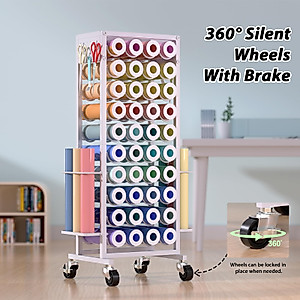 Mobile Vinyl Roll Holder Cart - 40 Compartments Vinyl Storage Organizer with 6 Hooks & Extra Vinyl Organizer Tray on 2 Side, Cricut Vinyl Storage Rack Gifts Wrapping Paper Holder for Home Craft Room