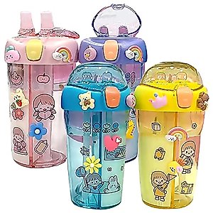 kids plastic water bottle with double straws (yellow)