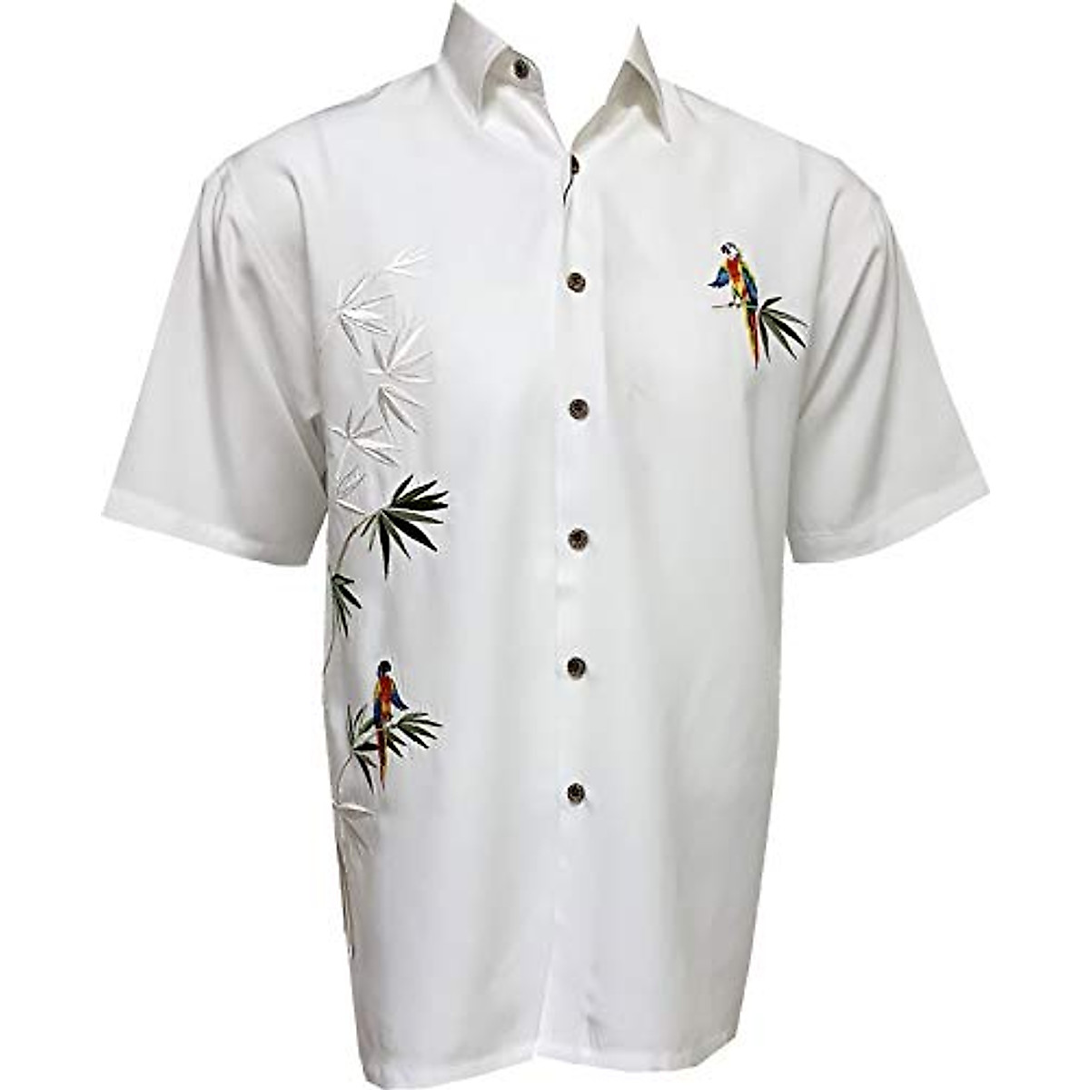 Bamboo Cay Mens Short Sleeve Flying Parrots Tropical Hawaiian Button Down Shirt (X-Large, Off White)