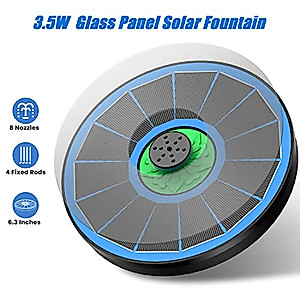 Yzert Solar Fountain Pump Full Glass Blue Panel No Battery, 3.5W Solar Bird Bath Fountains with 4 Fixed Rods & 8 Nozzles, 2023 Bird Bath Fountains Solar Power for Outdoor, Garden, Pond, Pool