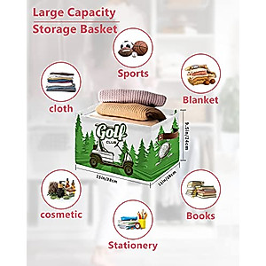 Golf Cart Storage Baskets for Organizing, Golf Club Green Field Pine Tree Balls Sports Theme Fabric Storage Bins for Shelf, Collapsible Cube Bin with Handles for Closet（15''x11''x9.5''）