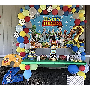 WRQ GCH 7x5ft Cartoon Toy Backdrop Blue Sky White Clouds Happy Birthday Party Decoration Toy Baby Shower Backdrop Cake Table Decoration