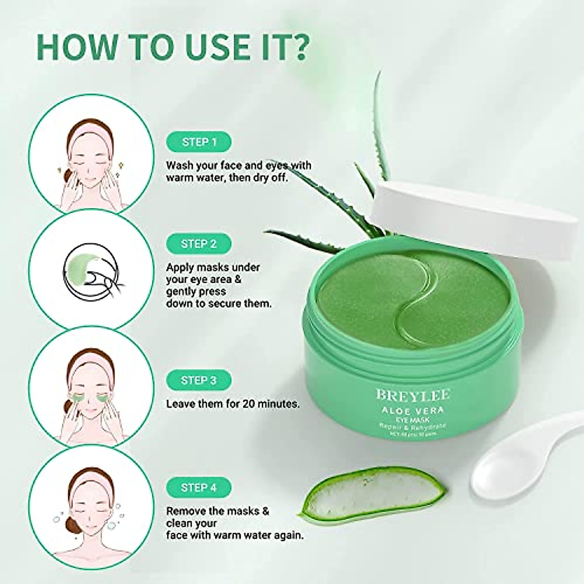 BREYLEE Aloe Vera Eye Mask– 60 Pcs - Puffy Eyes and Dark Circles Treatments – Look Younger and Reduce Wrinkles and Fine Lines Undereye, Improve and Firm eye Skin - Pure Natural Material Extraction