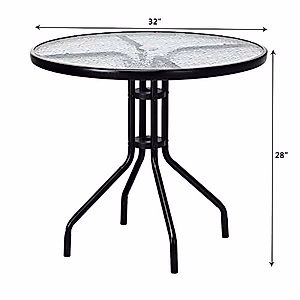 Tangkula 32” Outdoor Dining Table Round, Tempered Glass Top Steel Frame with 1.6 inch Umbrella Hole, All Weather Patio Side Table for Backyard Lawn Balcony Poolside or Garden