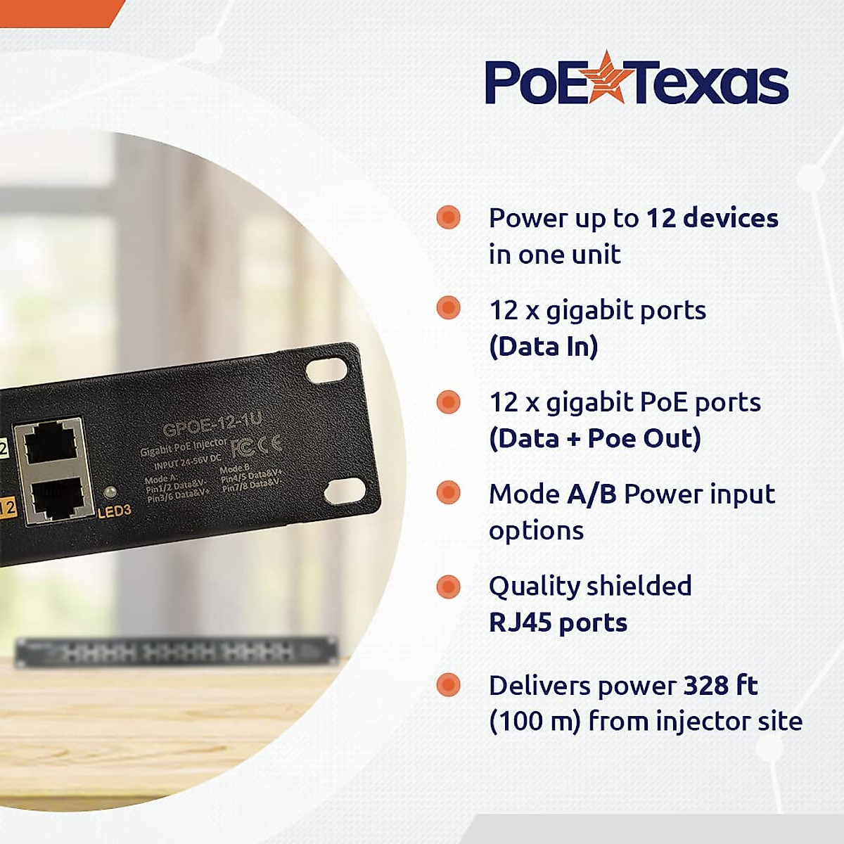 PoE Texas - PoE Injector - 12 Port Gigabit Passive Midspan Injector with 24V 120 Watt UL Power Supply - Power Over Ethernet for Ubiquiti and Mikrotik WAP, IP Camera and 24 Volt Passive PoE Devices