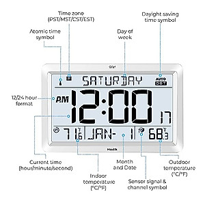 HODIK Atomic Clock with Indoor Outdoor Temperature Wireless, Large 7.5 Inch LCD with Backlight, Self-Setting Battery Powered with High Precision Sensor
