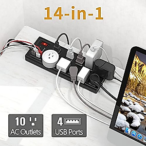 Power Strip Surge Protector, SUPERDANNY 10 Wide Outlets with 4 USB Charging Ports,1875W/15A, Flat Plug,2800 Joules Surge Protection with 5 Ft Extension Cord for Home,Office, Black