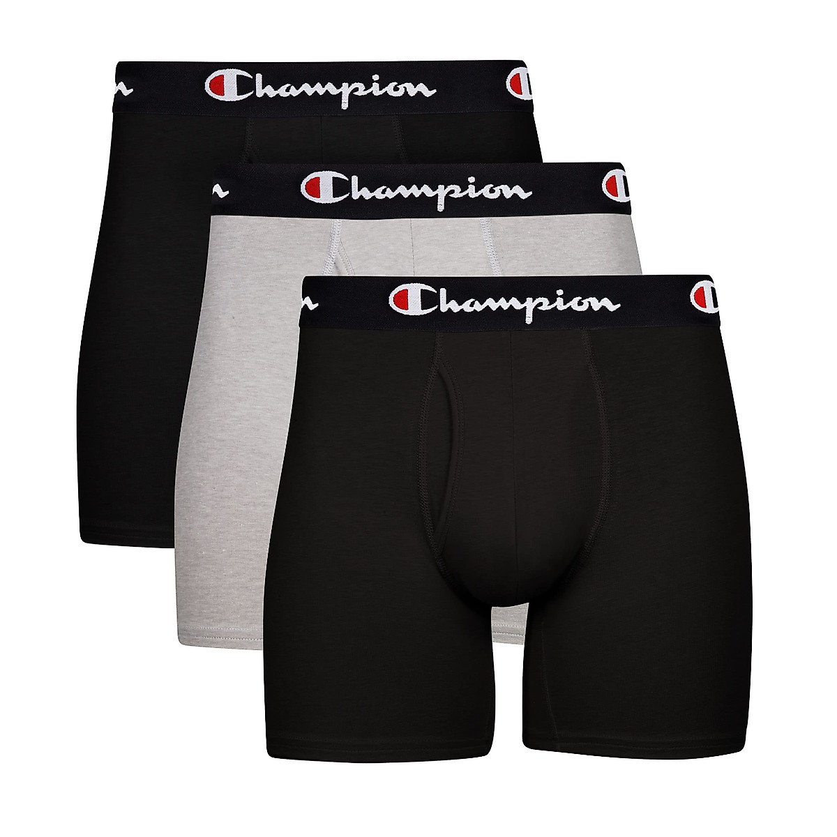 Champion Men's Boxer Briefs, Every Day Comfort Stretch Cotton Moisture-Wicking Underwear, Multi-Pack, Black/Black/Oxford Grey Heather-3 Pack, Large