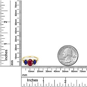 Gem Stone King 10K Yellow Gold Oval Red Ruby and Blue Sapphire Women 3 Stone Engagement Ring (5.29 Cttw, Gemstone Birthstone) (Size 8)