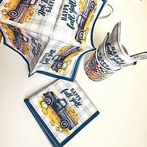 Blue Retro Pumpkin Truck Fall Beverage Cocktail Napkins | Thanksgiving Fall Autumn Harvest Paper Disposable Paper Napkins | 5" x 5" size folded | 36-ct | 2-ply | Made in USA