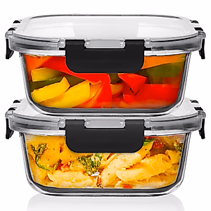 2 LARGE 1200ML / 42 Oz Glass Food Storage Containers w/Airtight Lids - Microwave/Oven/Freezer & Dishwasher Safe - BPA/PVC Free + Leak Proof - Ideal for Baking & Storing food. Keeps Food Fresh longer