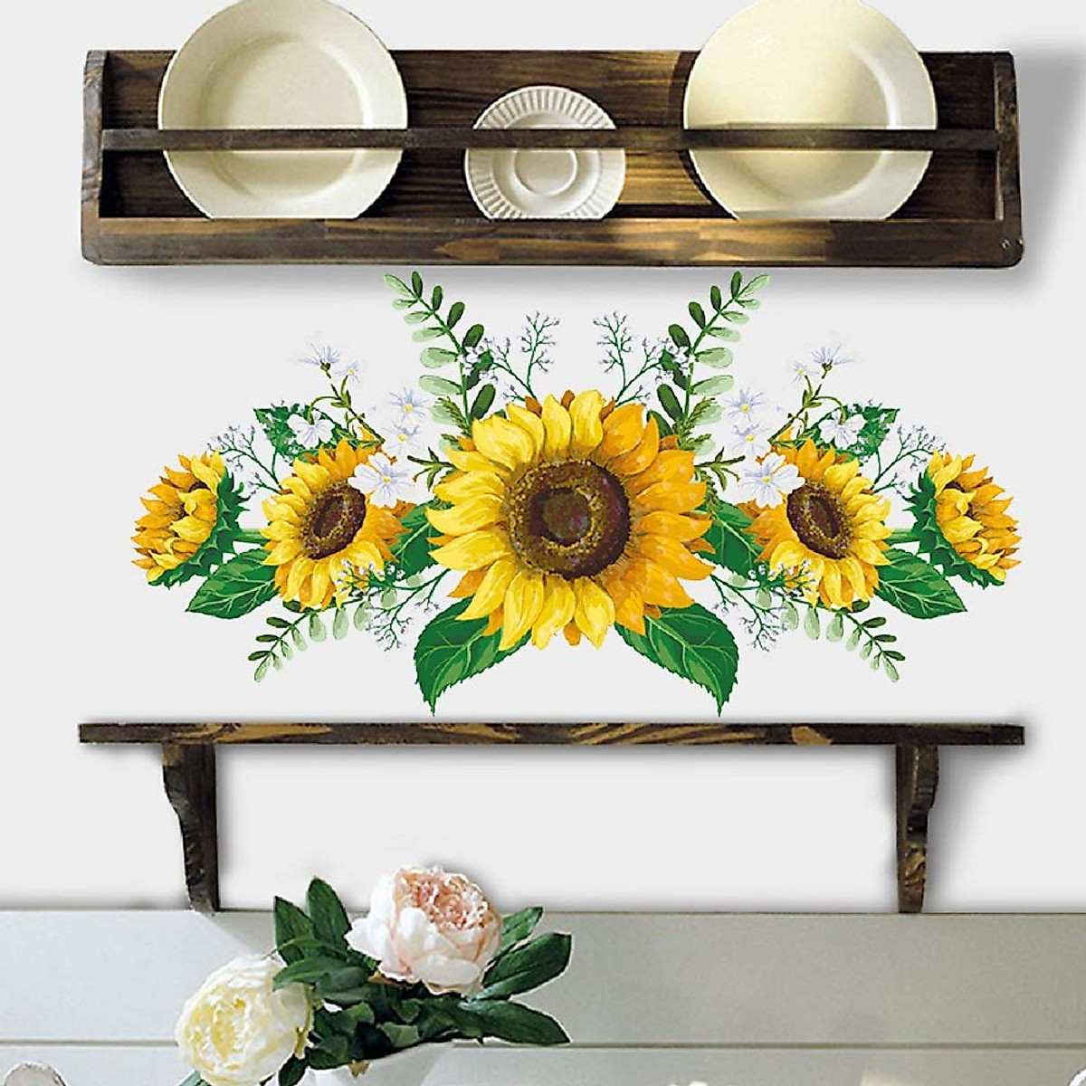 Daisy Sunflower Wall Decal Stickers,Yellow Daisy Sunflower Stickers with Green Leaves, Peel and Stick Removable Flower Stickers for Nursery Kids Room Living Room