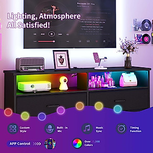 Dresser for bedroom, Fabric Black Bedroom Dresser with LED Lights and Charging Station, 6 Long Drawers Dresser, Tall Wide Chest of Drawers Storage Organizer TV Stand for up to 60" TV for Living Room