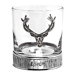 English Pewter Company 11oz Old Fashioned Whisky Rocks Glass With Stag Deer Head Antler and Pewter Base [STAG203]