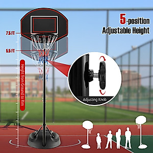 Goplus Portable Basketball Hoop Outdoor, 5.5-7.5 FT Basketball Goal with 5 Adjustable Height, 32" Shatterproof Backboard, Wheels, Fillable Base, Indoor Basketball Stand for Kids Teenagers Youth Adults