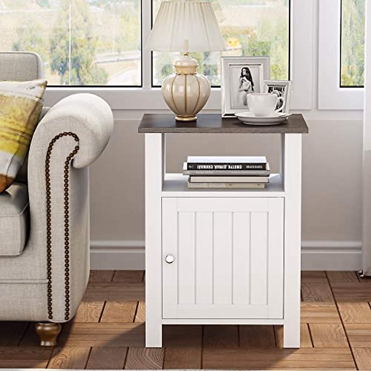 ChooChoo Farmhouse Nightstand, Rustic Vintage End Side Table with Storage for Bedroom Living Room, White