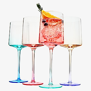 Khen Handblown Colored Two-Toned Crystal Pastel Wine Glassware | Set of 4 | Blue, Purple, Pink Square Shaped Glasses, Vibrant Ombre Color For Cocktail, Vintage Crystal Glass Goblet (13.5 OZ)