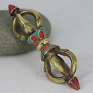 4.5" Tibetan Buddhist Dorje Vajra Pestle, 100% Handmade in Nepal Brass Five Shares Buddhism Amulet,Tantric Energy Device,for Prayer Meditation Yoga (red)