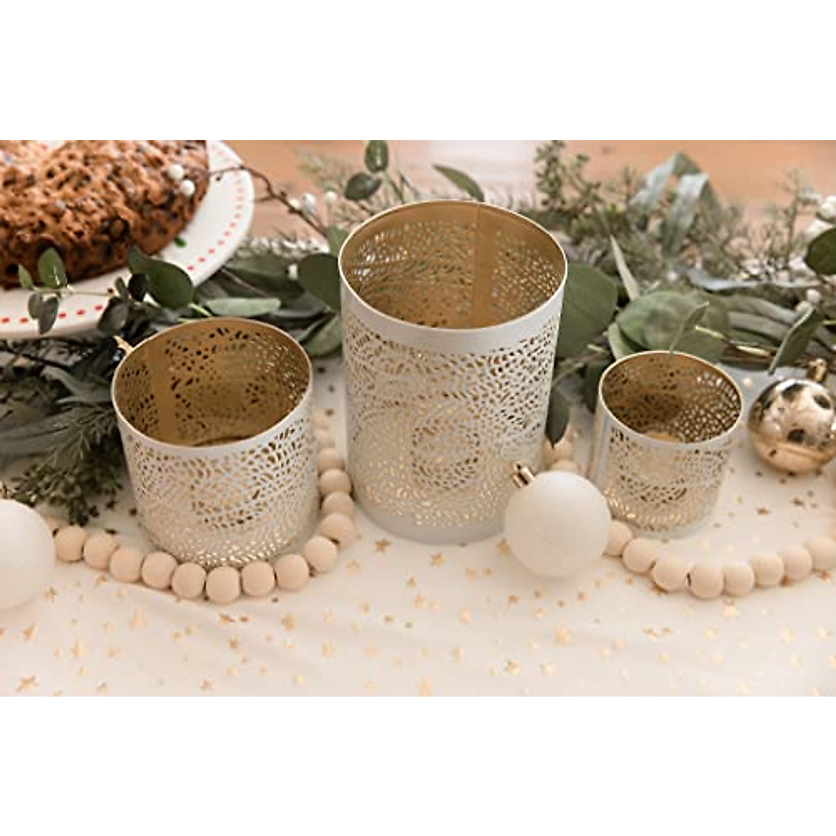 Lazy Gifts Set of 3 White and Gold Metal Decorative Nesting Hurricane Candle Holders. Elegant Style Centerpiece - add Accents to Weddings, Functions and Home décor with These Large Candle Holders