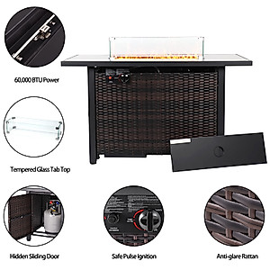 44 in Propane Fire Pit Table,Rattan Fire Pit Table with Glass Wind Guard,60,000 BTU Auto-Ignition Gas Firepit,CSA Certification and Black Tempered Glass Tabletop,for Outdoor, Patio, Lawn…