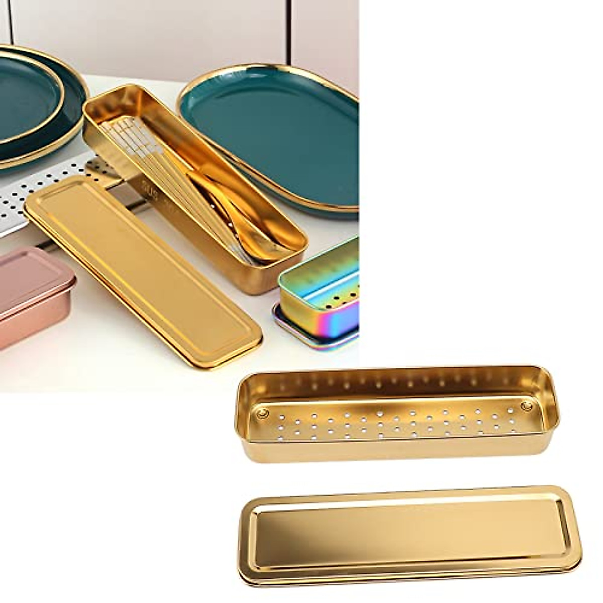 Cutlery Tray, Food Grade Intelligent Drainage Lightweight Kitchen Chopstick Storage Box Practical with Lid for Restaur(Gold)