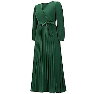 Women's Elegant Wrap V Neck Lantern Sleeve Belted Pleated Flowy Maxi Long Dress Wedding Guest Dress