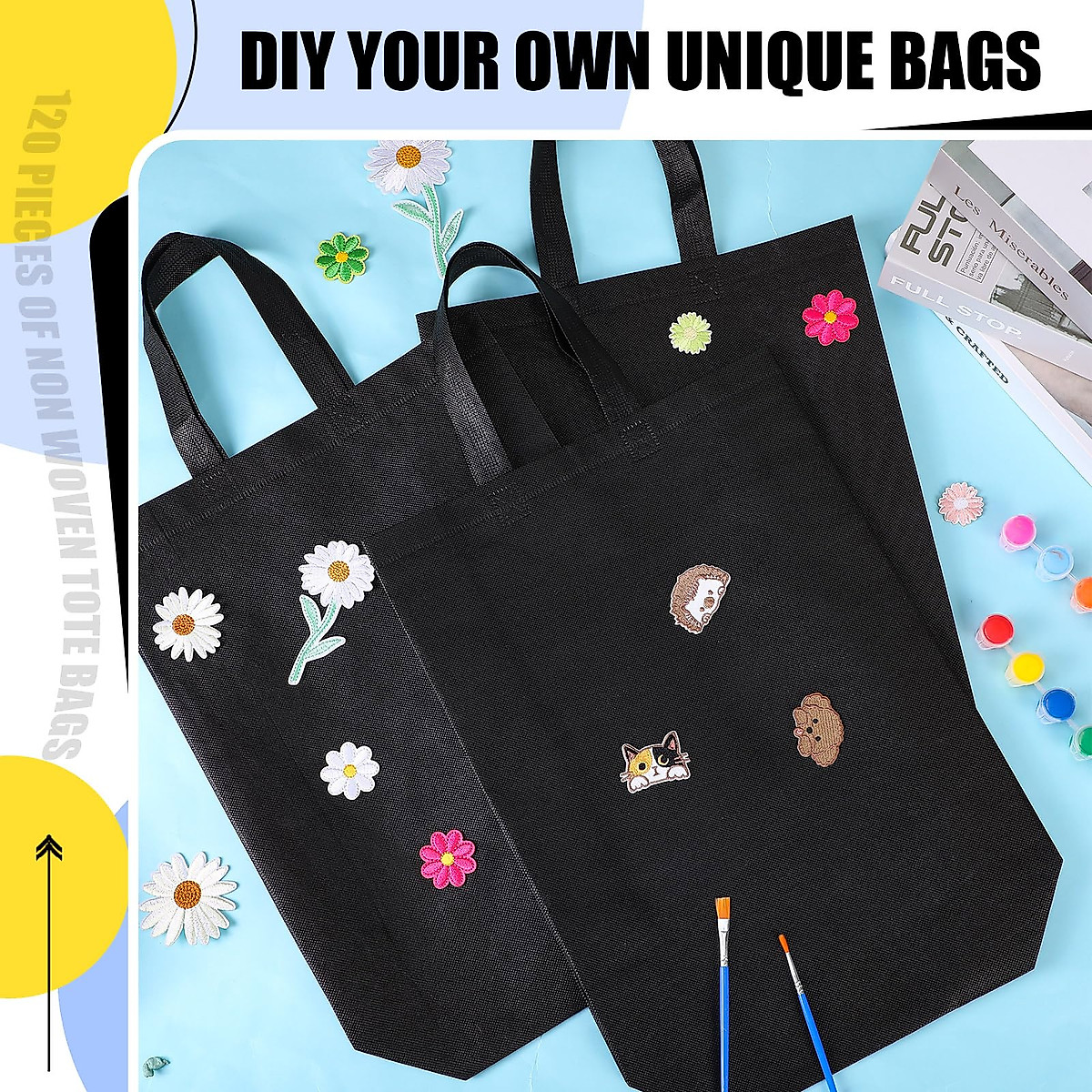 Silkfly 120 Pcs Non Woven Tote Bags Bulk 11.8 x 4 x 15 Inch Large Reusable Gift Bag Fabric Grocery Bags with Handles(Black)