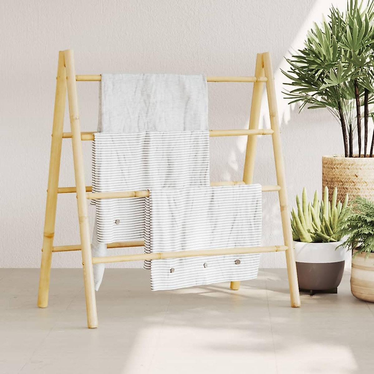 vidaXL Double Bamboo Towel Ladder with 4 Rungs - Freestanding Bathroom Storage Rack - Water-Resistant Design - Easy to Clean