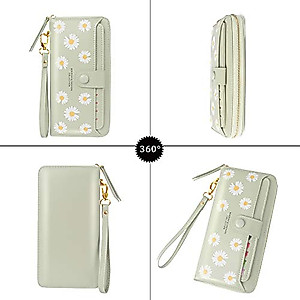 Nawoshow Women Leather Wallet RFID Blocking Zipper Pocket Wallet Card Case Purse with ID Window (Green(Flower))