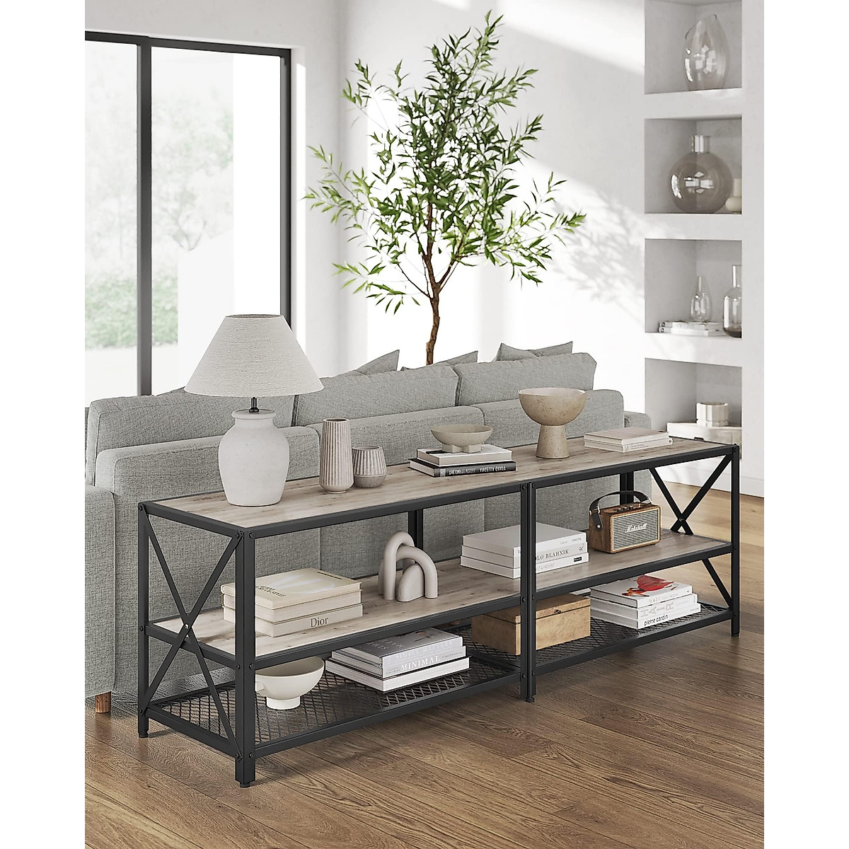 VASAGLE TV Stand, TV Console for TVs Up to 70 Inches, TV Table, 63 Inches Width, TV Cabinet with Storage Shelves, Steel Frame, for Living Room, Bedroom, Greige and Black ULTV095B02