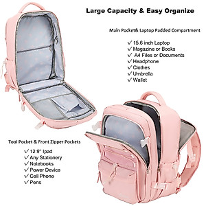 Travel Backpack for Women Men 15.6 Inch Laptop Backpacks with USB Port Carry on Bag Airline Approved Large College School Bookbags Waterproof Work Business Sport Rucksack Casual Daypack (Pink)