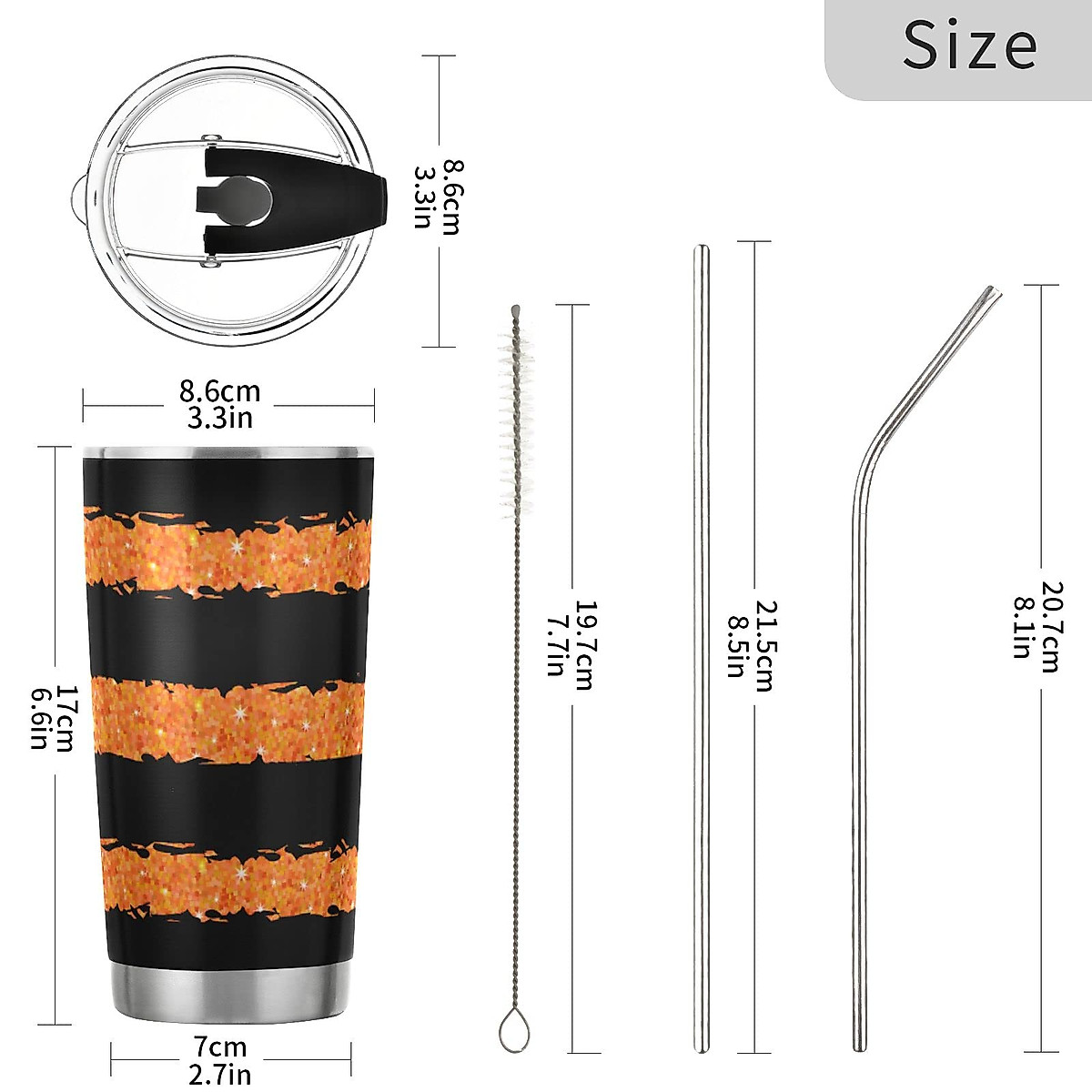 Yasala Halloween Tumbler Glitter Stripes Orange Black Insulated Coffee Cup Back to School Beverage Container Office Travel Mug with Straw and Lid 20oz Holiday Gift Day of The Dead Present